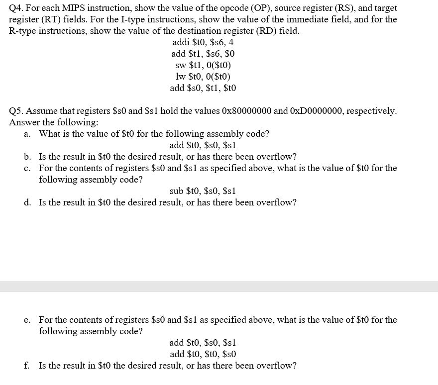Solved Q4. For each MIPS instruction, show the value of the | Chegg.com