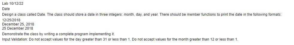 Solved Lab 10 12 22 Date Design A Class Called Date The