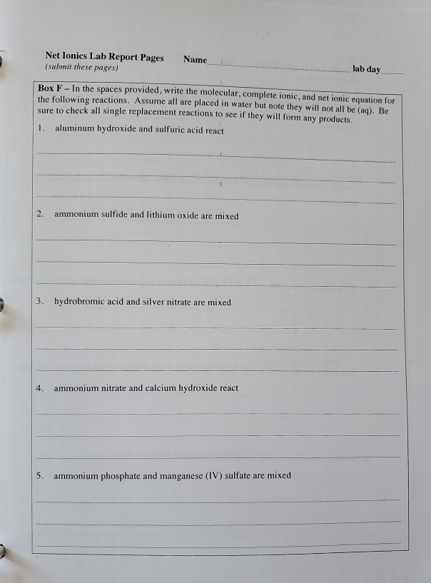Solved Net Ionics Lab Report Pages (submit these pages) Name | Chegg.com