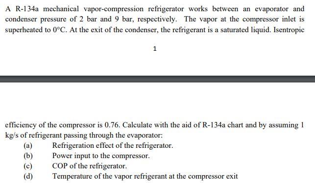 Solved A R-134a mechanical vapor-compression refrigerator | Chegg.com