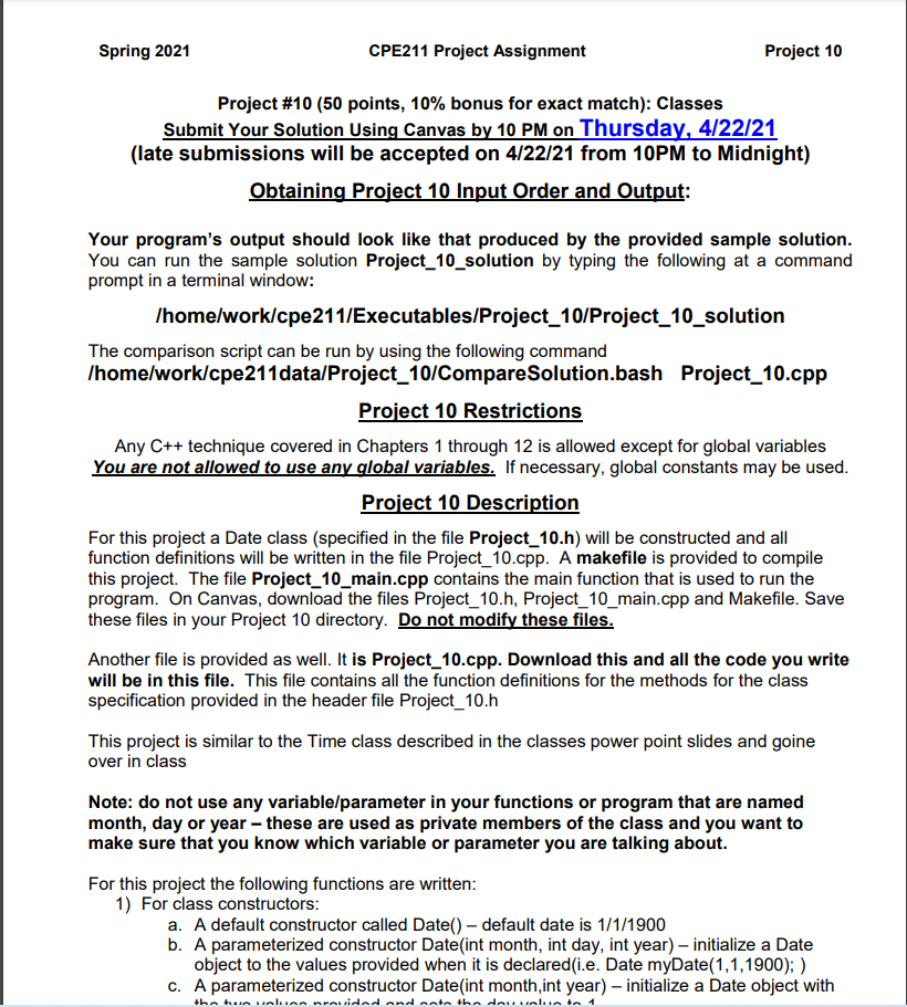 Solved Spring 2021 CPE211 Project Assignment Project 10 Page | Chegg.com