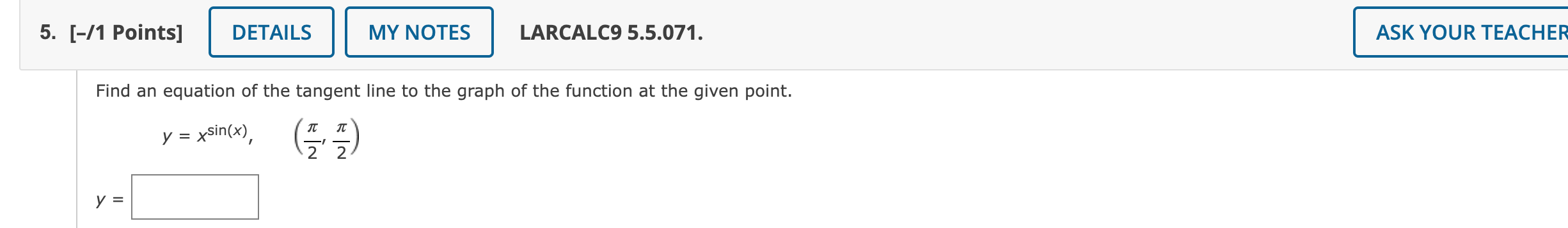 Solved [-/1 ﻿Points]LARCALC9 5.5.071.Find an equation of the | Chegg.com