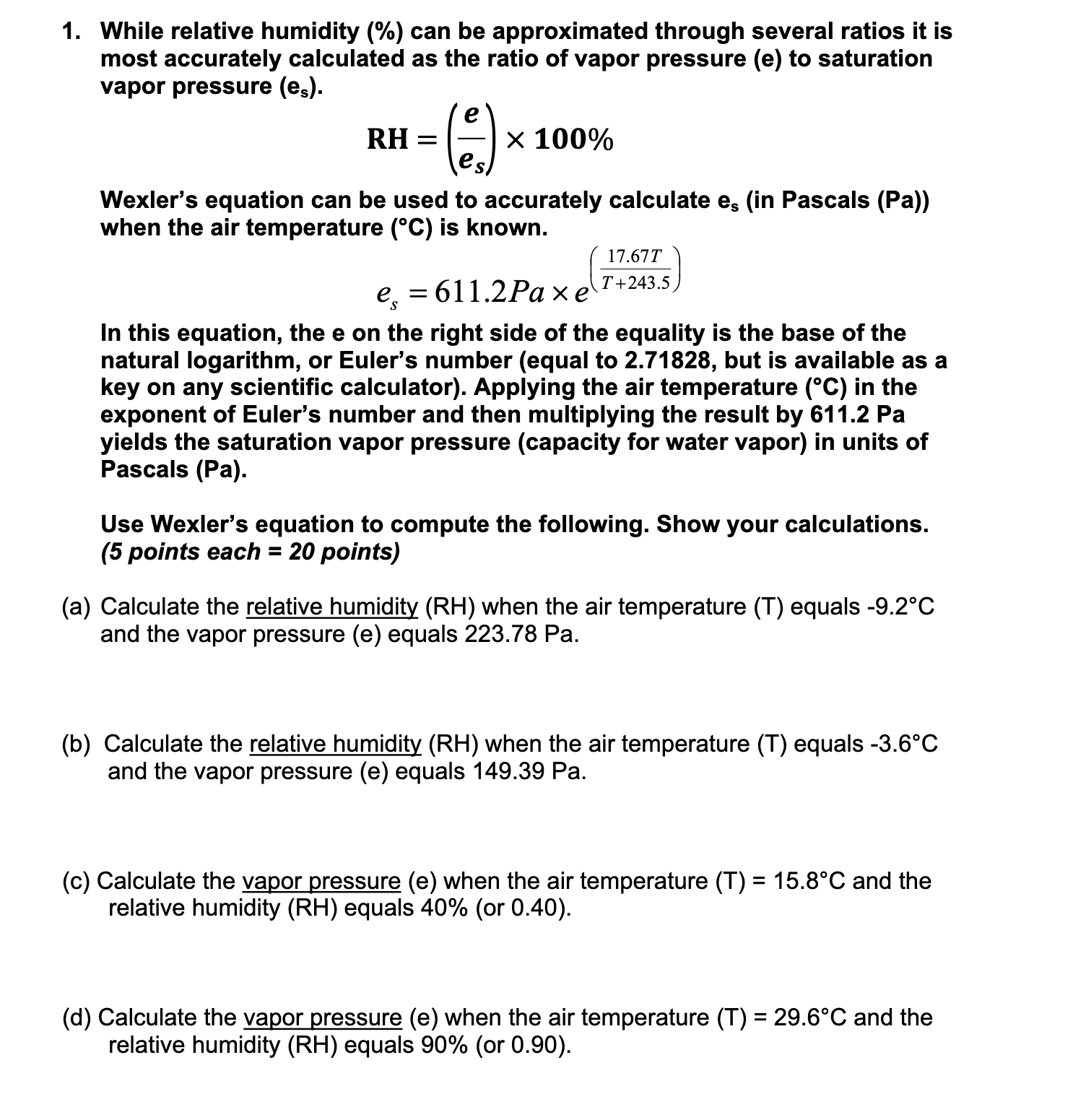 Solved 1. While relative humidity (%) can be approximated | Chegg.com