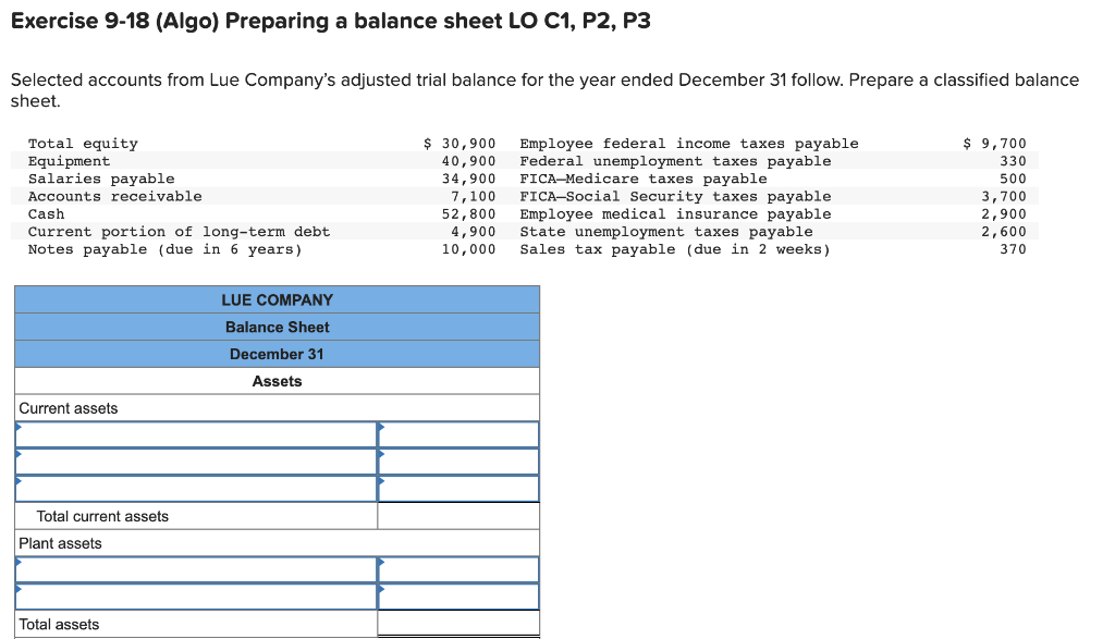 Solved Exercise 9-18 (Algo) Preparing a balance sheet LO C1, | Chegg.com Solved Exercise 9-18 (Algo) Preparing a balance sheet LO C1, | Chegg.com