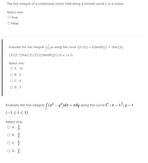 Solved The line integral of a continuous vector field along | Chegg.com