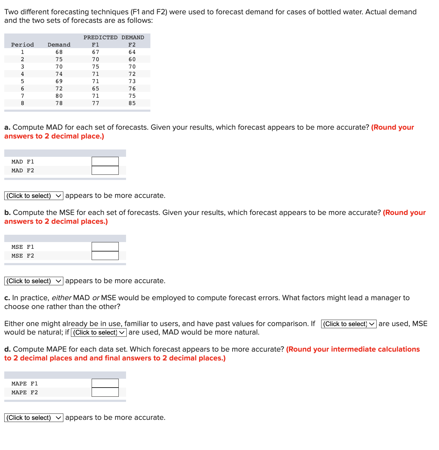 Solved Two different forecasting techniques (F1 and F2 ) | Chegg.com