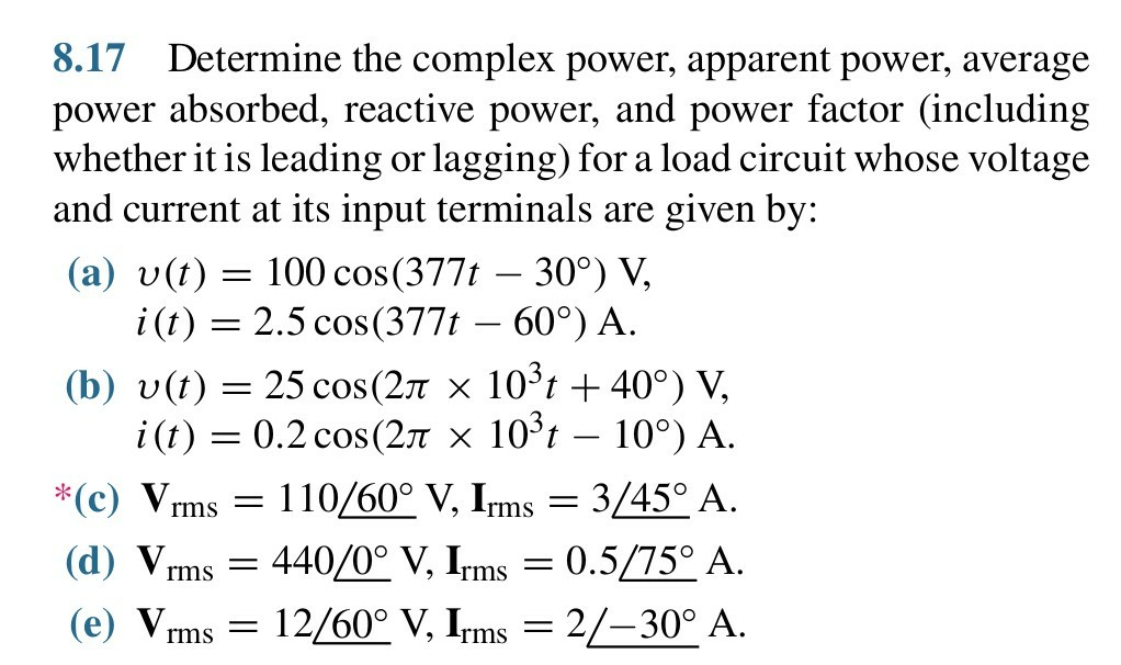 Solved 8.17 Determine the complex power, apparent power, | Chegg.com
