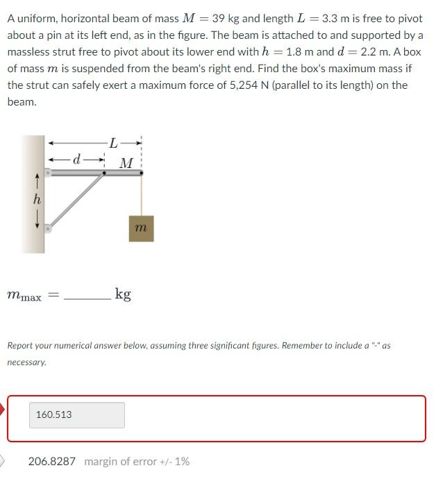 Solved A uniform, horizontal beam of mass M= 39 kg and | Chegg.com