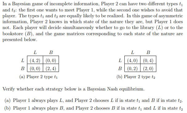 Solved In a Bayesian game of incomplete information, Player | Chegg.com
