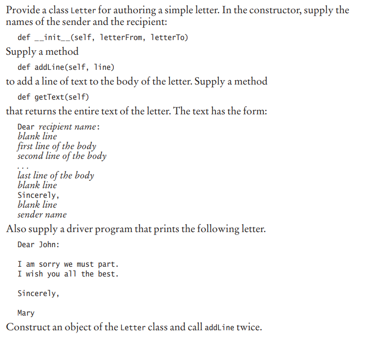 Solved Provide a class Letter for authoring a simple letter. | Chegg.com