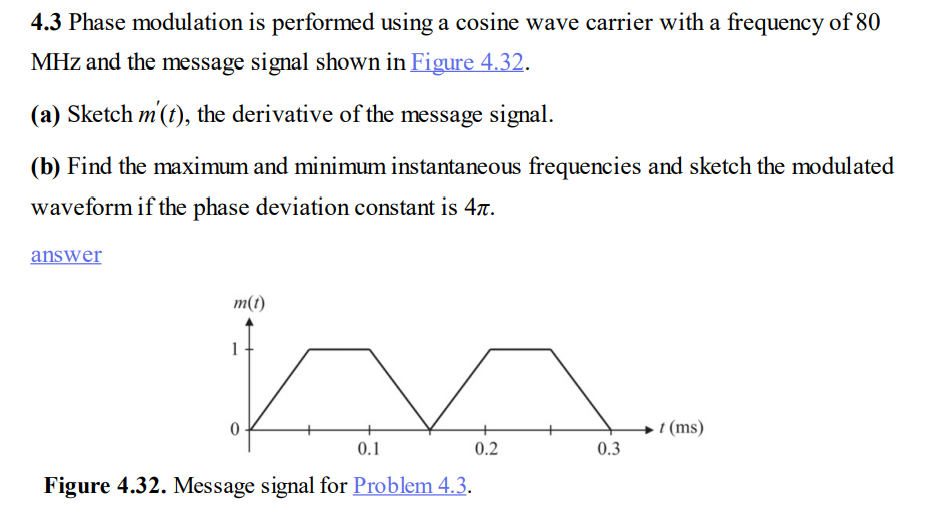 Solved 4.3 Phase modulation is performed using a cosine wave | Chegg.com