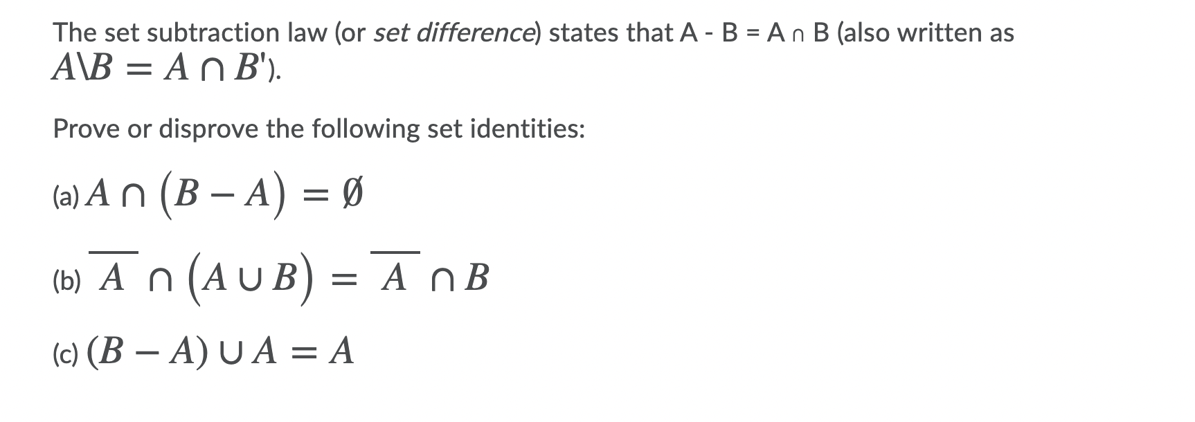 Solved The set subtraction law (or set difference) states | Chegg.com
