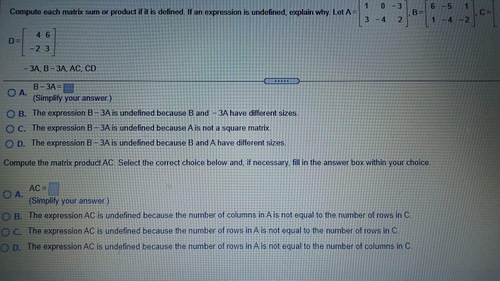 Solved Compute each matrix sum or product if it is defined. | Chegg.com