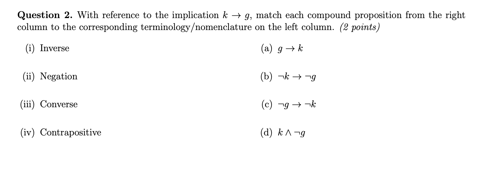 Solved Question 2. With reference to the implication k + g, | Chegg.com