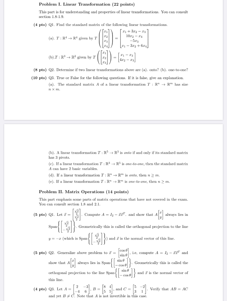 Solved Problem I. Linear Transformation (22 points) This | Chegg.com