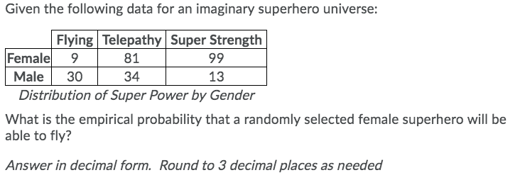 Solved Given the following data for an imaginary superhero | Chegg.com