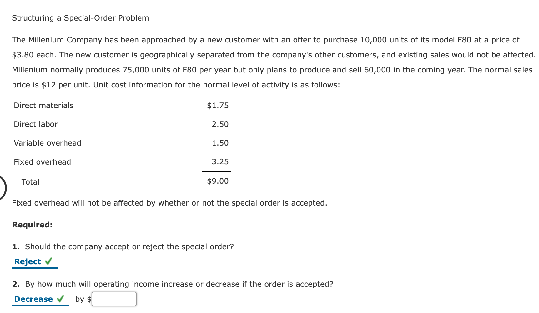 Solved Structuring a Special-Order Problem The Millenium | Chegg.com