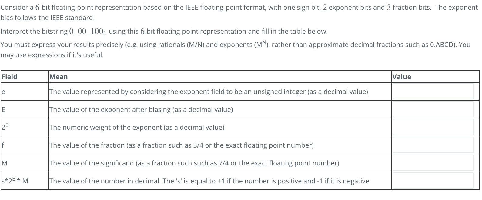 Solved Consider a 6-bit floating-point representation based | Chegg.com