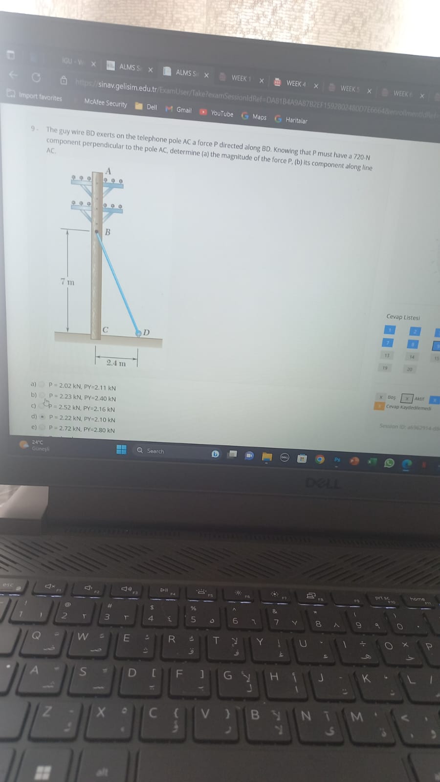 [Solved]: 9. The guy wire BD exerts on the telephone pole A