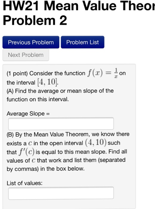 Solved HW21 Mean Value Theo Problem 2 Previous Problem | Chegg.com