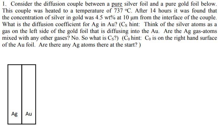 Solved 1. Consider the diffusion couple between a pure | Chegg.com