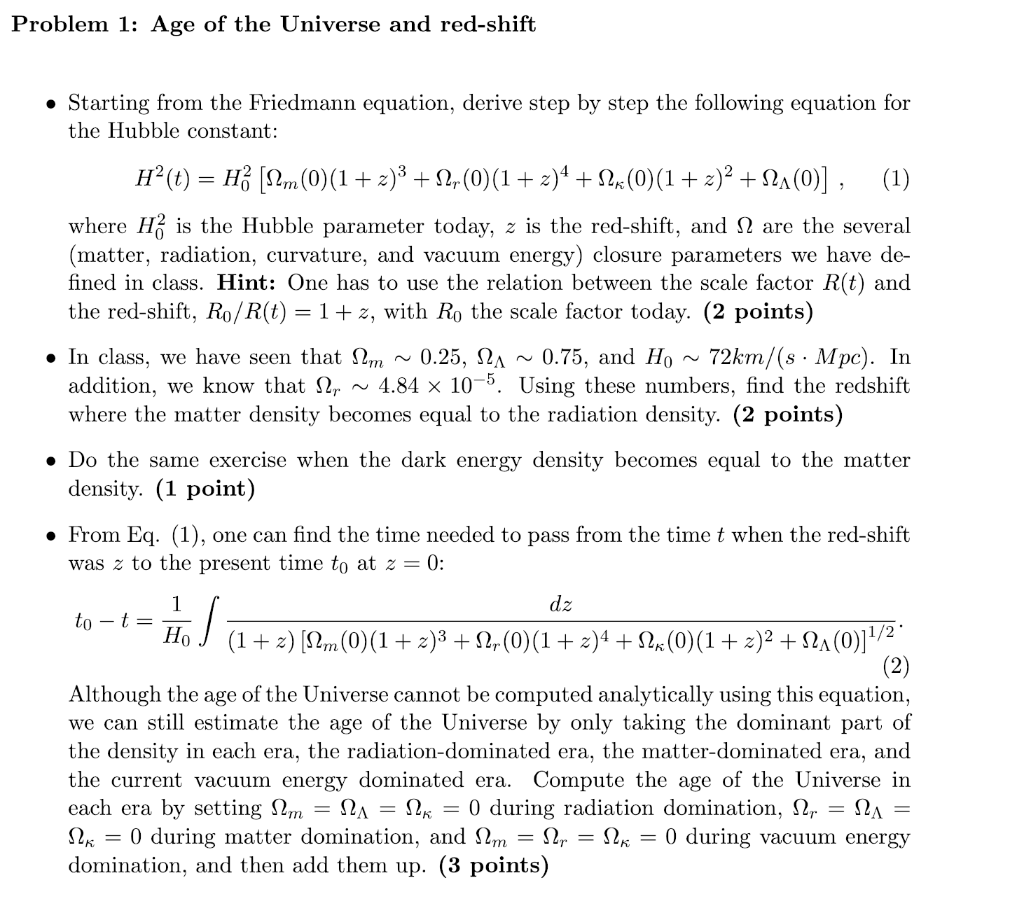 Solved Problem 1: Age of the Universe and red-shift » | Chegg.com
