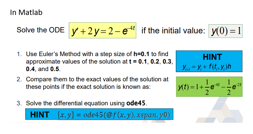 Solved In Matlab Solve the ODE y' +2y=2- e if the initial | Chegg.com