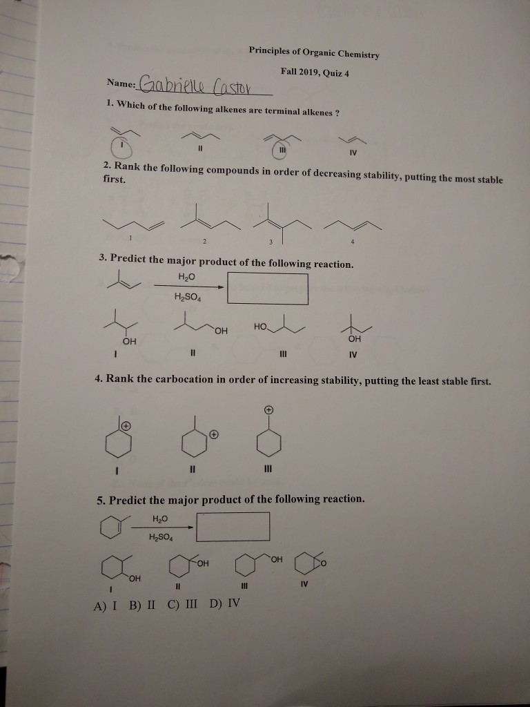 Solved: Principles Of Organic Chemistry Fall 2019, Quiz 4 ... | Chegg.com