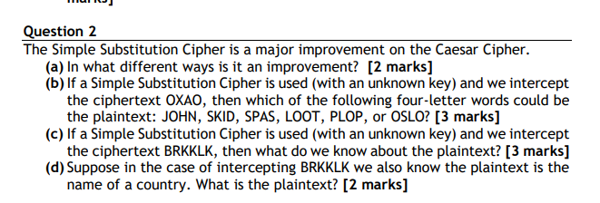 Solved Question 2 The Simple Substitution Cipher is a major | Chegg.com