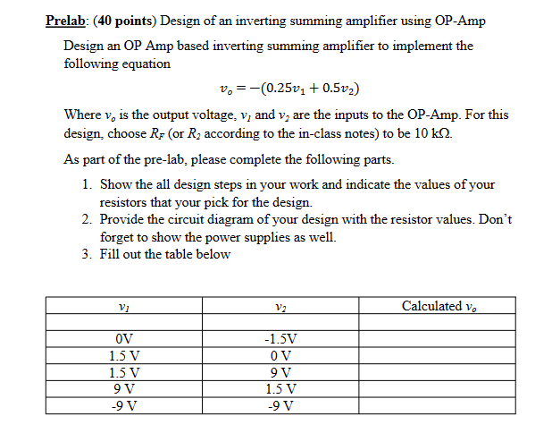 Solved relab: (40 points) Design of an inverting summing | Chegg.com