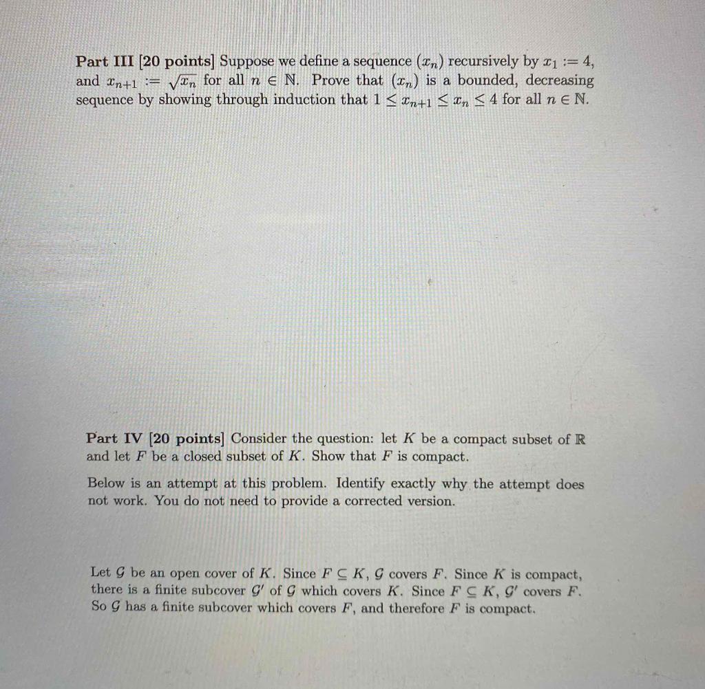 Solved Part III (20 points] Suppose we define a sequence | Chegg.com