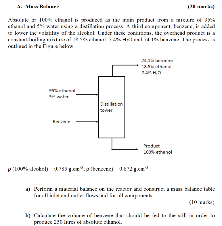 Solved A. Mass Balance (20 marks) Absolute or 100% ethanol | Chegg.com