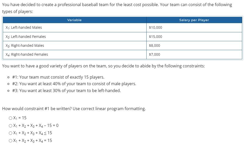 Solved You have decided to create a professional baseball | Chegg.com