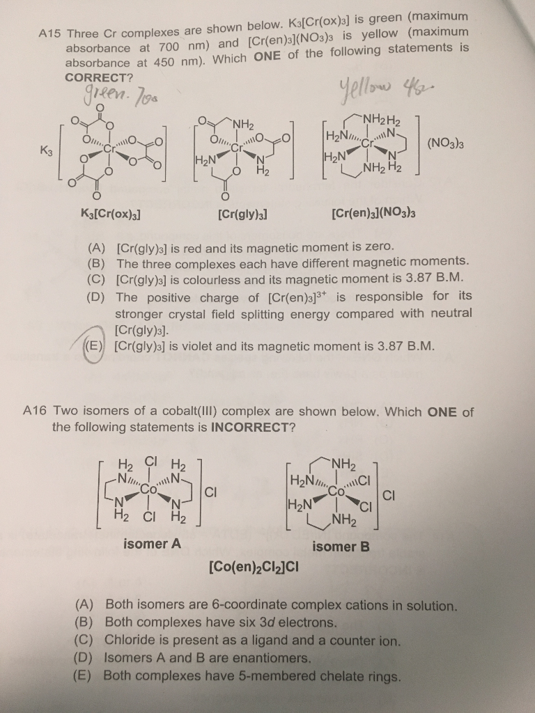 Solved Three Cr complexes are shown below. K3[Cr(ox)3] is | Chegg.com