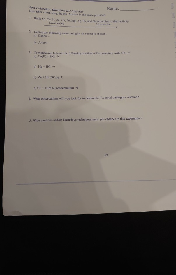Solved Post-Laboratory Questions and Exercises Due after | Chegg.com