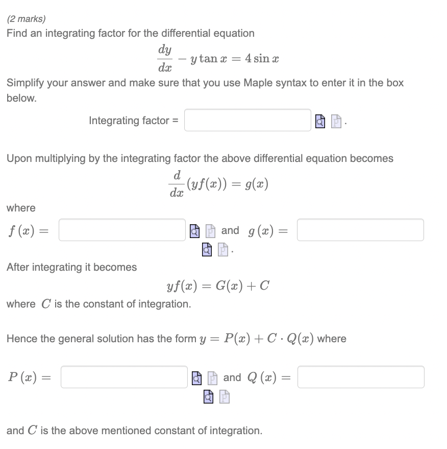 Solved (2 marks) Find an integrating factor for the | Chegg.com