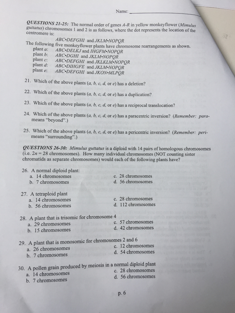 Solved Name: QUESTIONS 21-25: The n ormal order of genes A-R | Chegg.com