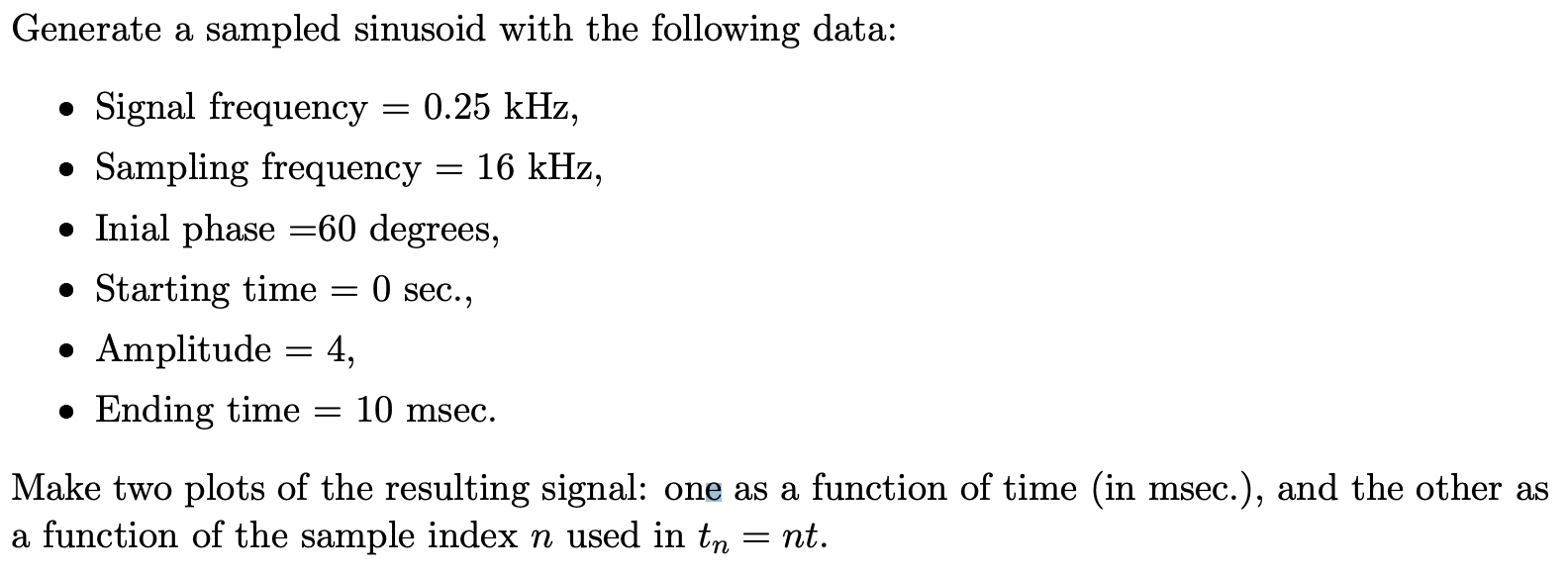 Solved Generate a sampled sinusoid with the following data: | Chegg.com