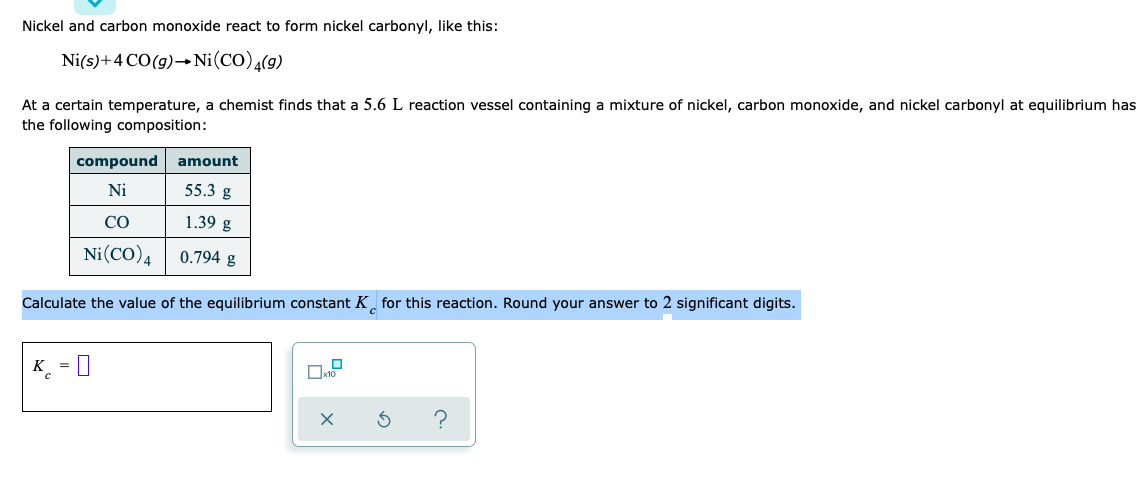 Solved Nickel and carbon monoxide react to form nickel | Chegg.com