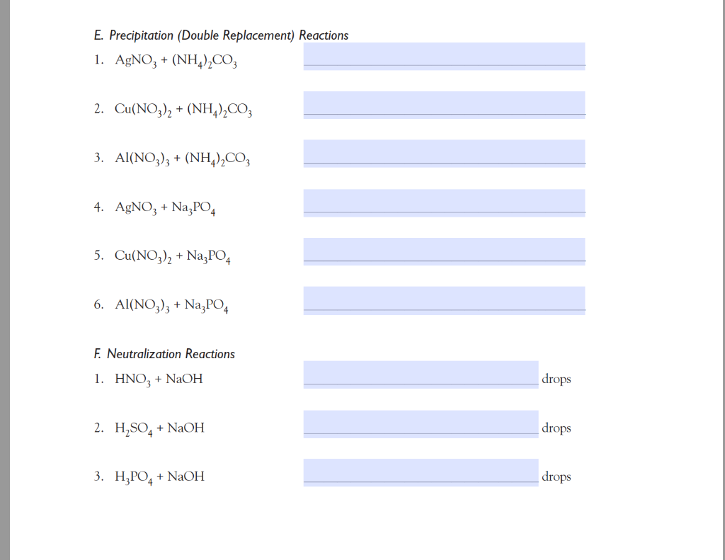 Solved E. Precipitation (Double Replacement) Reactions 1. | Chegg.com