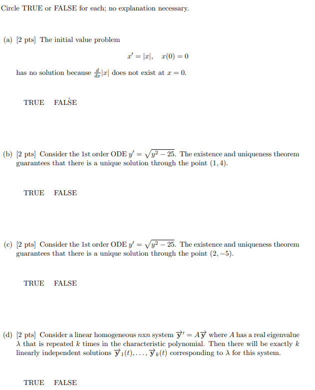 Solved Circle TRUE or FALSE for each; no explanation | Chegg.com