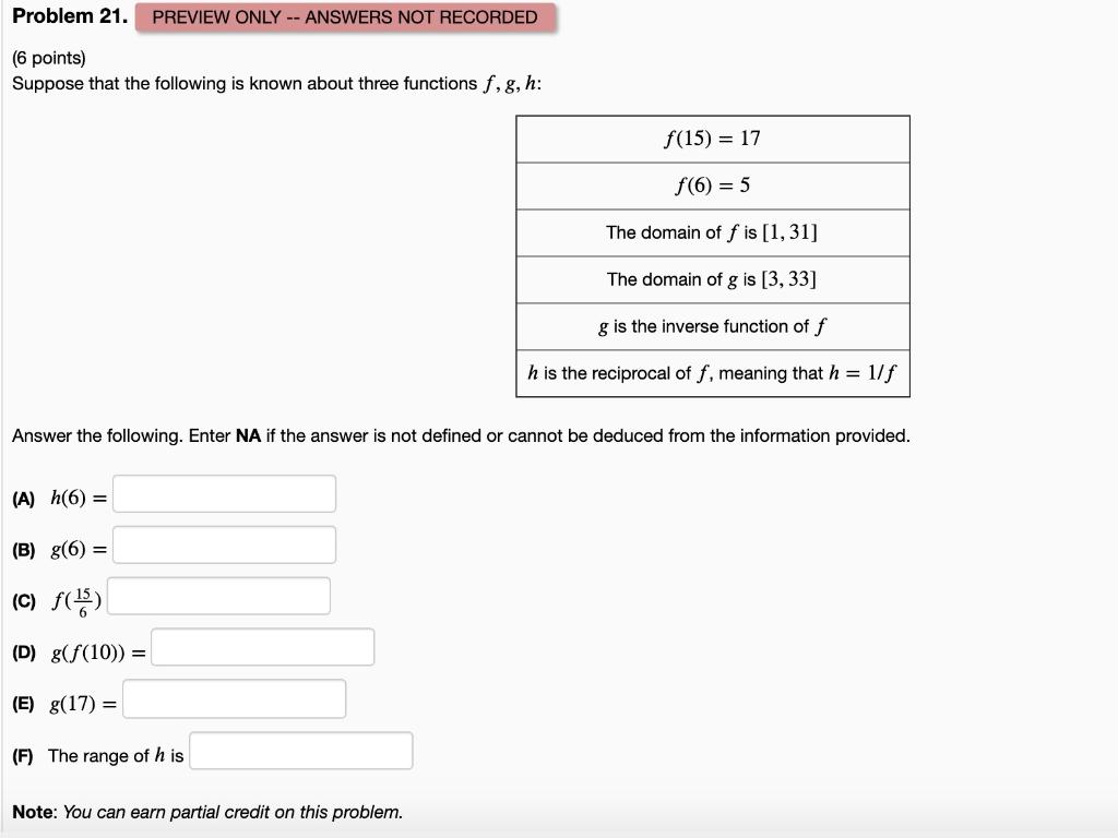 Solved Problem 21. PREVIEW ONLY -- ANSWERS NOT RECORDED (6 | Chegg.com