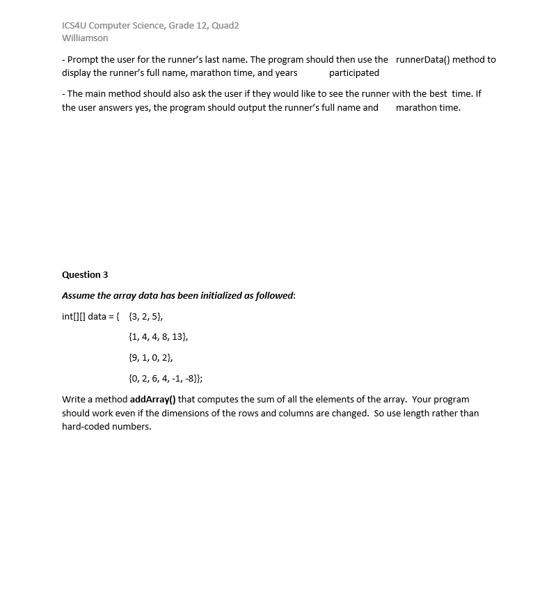 Solved ICS4U Computer Science, Grade 12, Quad2 Williamson - | Chegg.com
