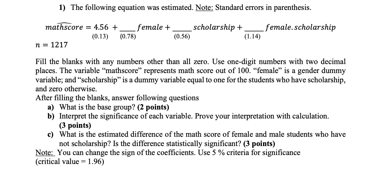 Solved 1) The following equation was estimated. Note: | Chegg.com
