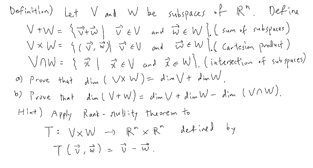 Solved Definition) Let V and W be subspaces of IR" . Define | Chegg.com