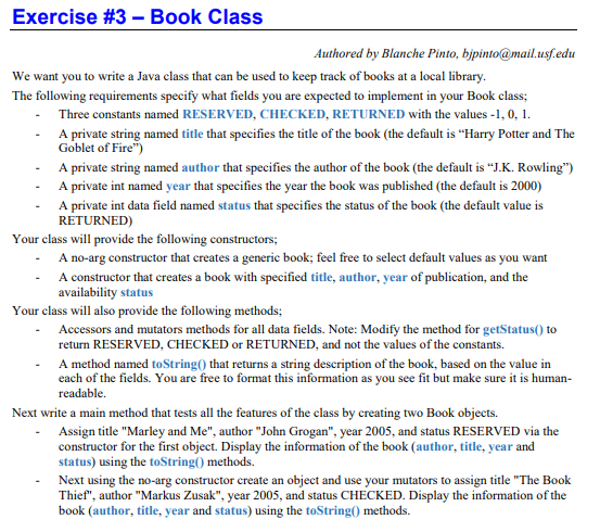 Exercise #3 - Book Class Authored by Blanche Pinto, | Chegg.com