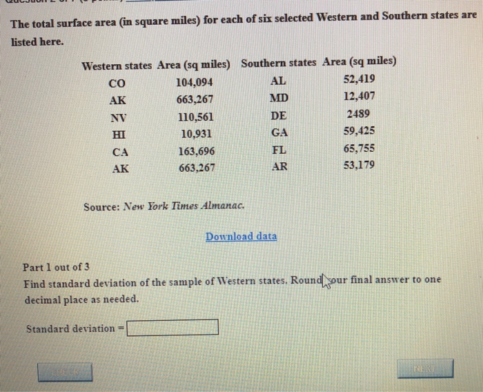 Solved The total surface area (in square miles) for each of | Chegg.com