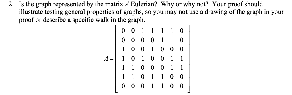 Solved 2. Is the graph represented by the matrix A Eulerian? | Chegg.com
