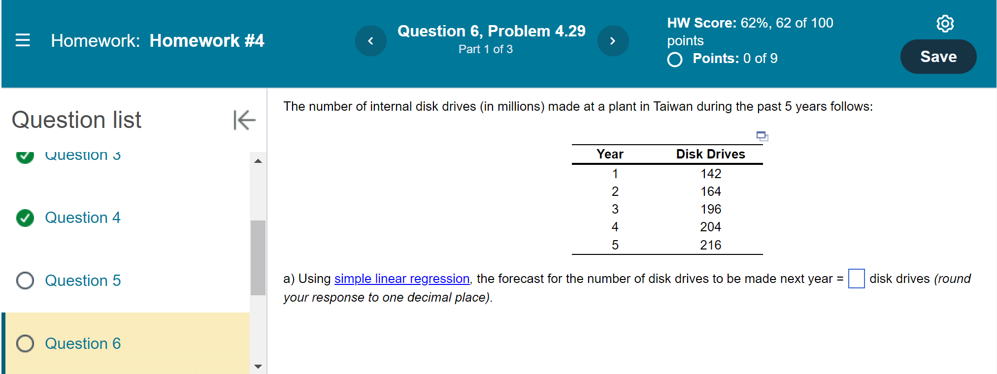 Solved A) using simple linear regression, the forecast for | Chegg.com