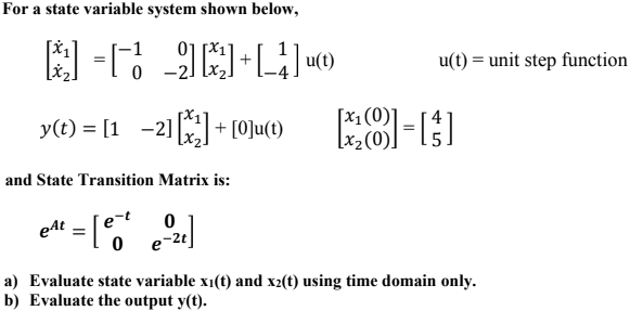 Solved For a state variable system shown below, u(t) = unit | Chegg.com
